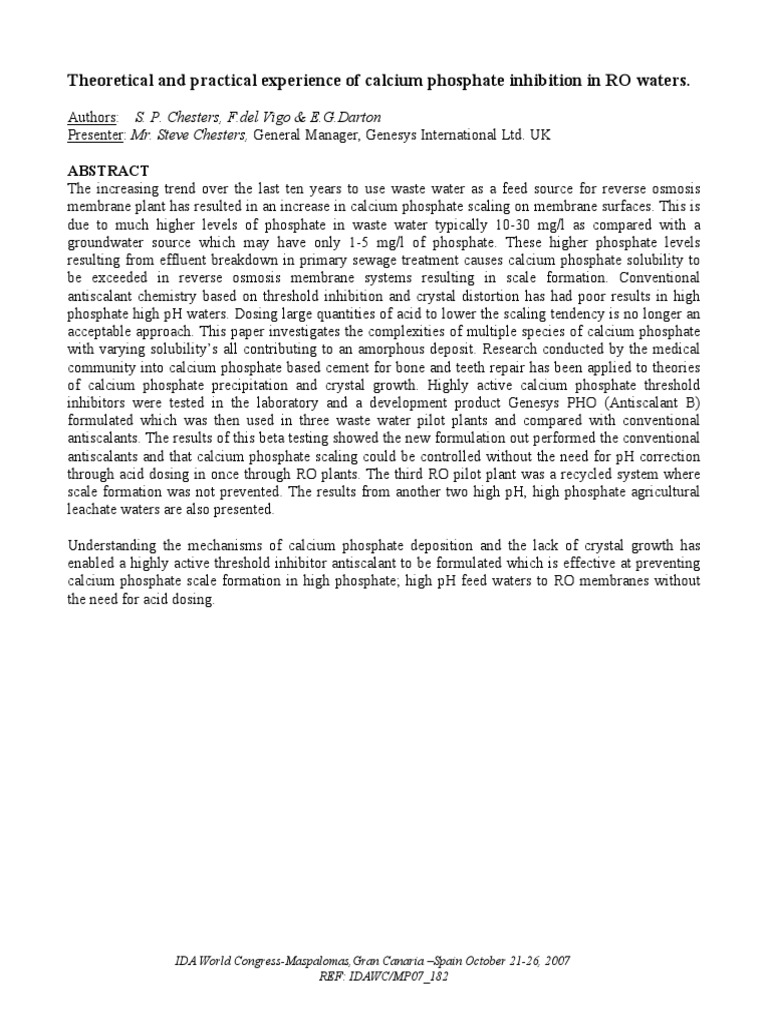 Controlling Calcium Phosphate Scaling in Reverse Osmosis Systems ...
