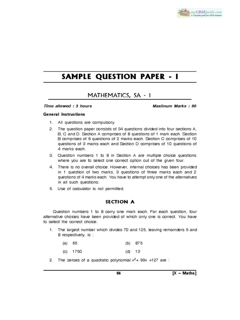 CBSE Class 10 Mathematics Sample Paper-01 (SA-1) | PDF | Trigonometric ...