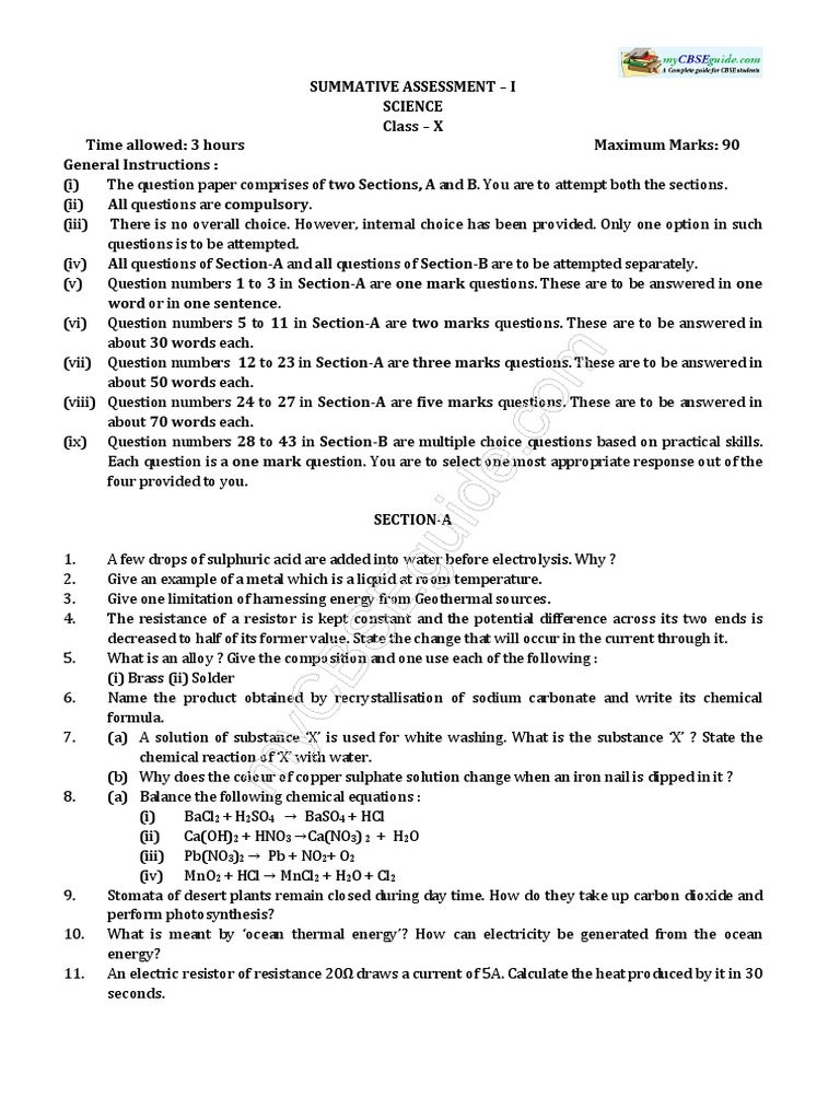 Class 10 Science Exam Sample Paper | PDF