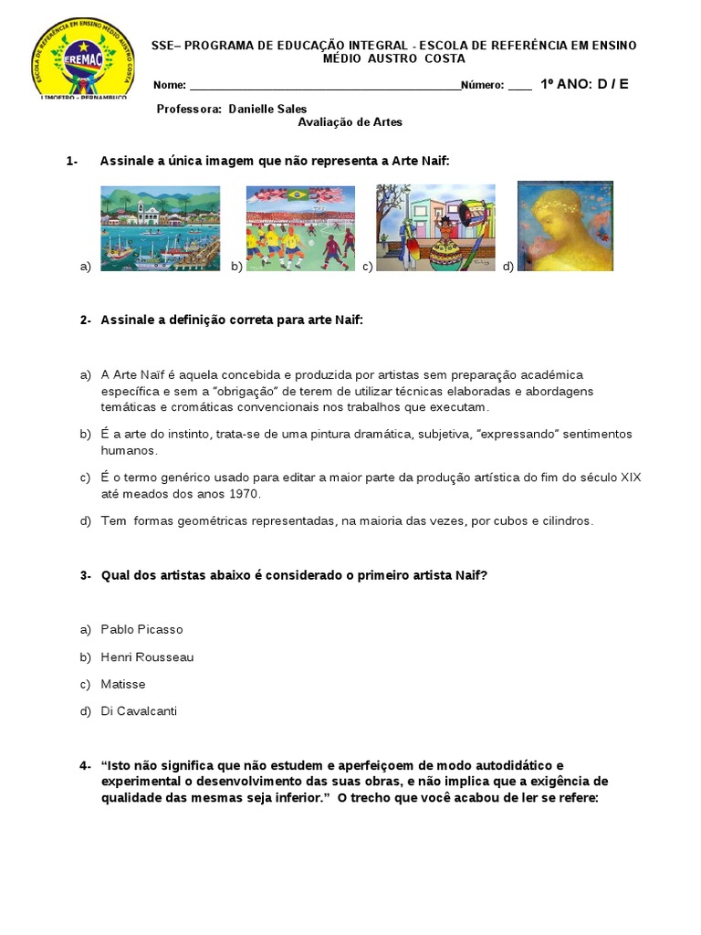 Prova de Arte1DeE | PDF | Pinturas | Artes (geral)