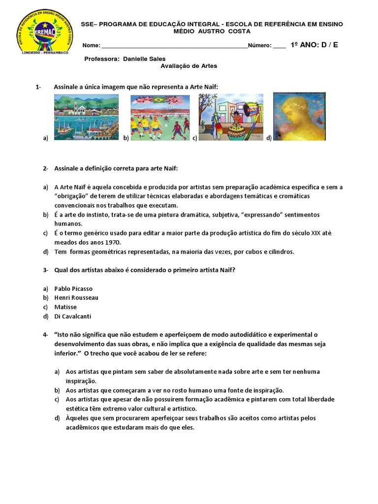 Prova de arte1DeE | PDF | Pinturas | Artes (geral)