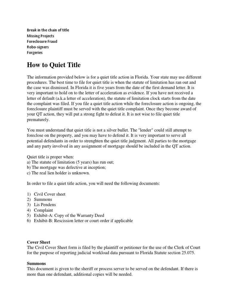 Quiet Title, Cloud On Title, Remedy For Foreclosure, Foreclosure ...