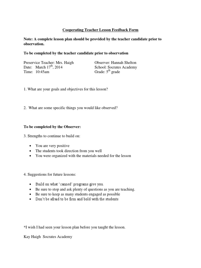 Teacher Observation Feedback Form | PDF | Career & Growth | Wellness