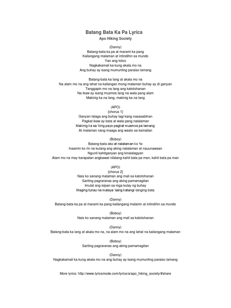 Batang Bata Ka Pa Lyrics | PDF