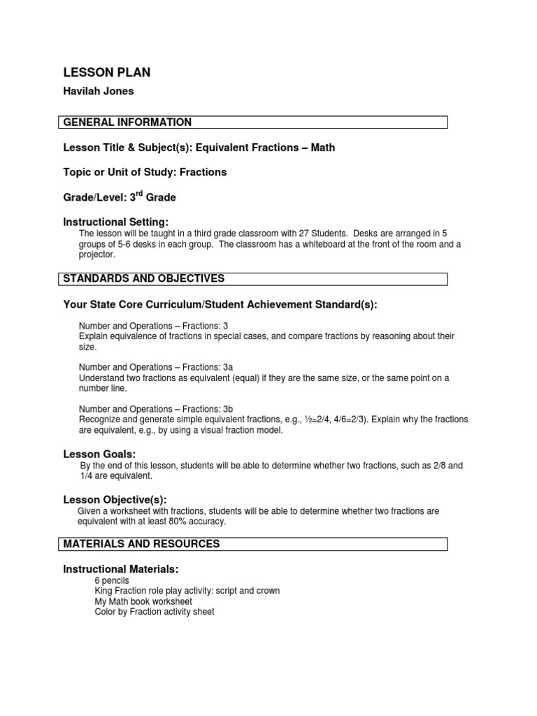 Grade 3 Equivalent Fractions Lesson Plan | PDF | Fraction (Mathematics ...
