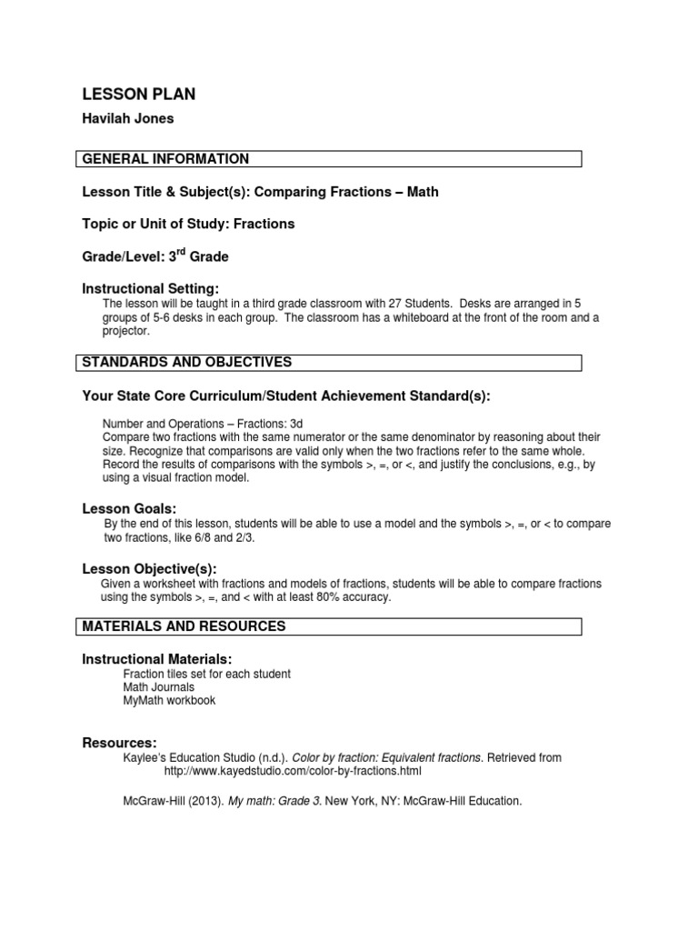 Comparing Fractions Lesson Plan for 3rd Grade | PDF | Fraction ...