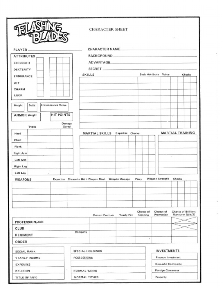 Flashing Blades Character Sheet | PDF