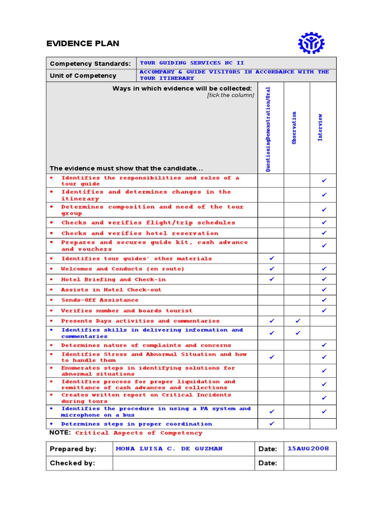 TESDA Evidence Plan for Tour Guiding | PDF