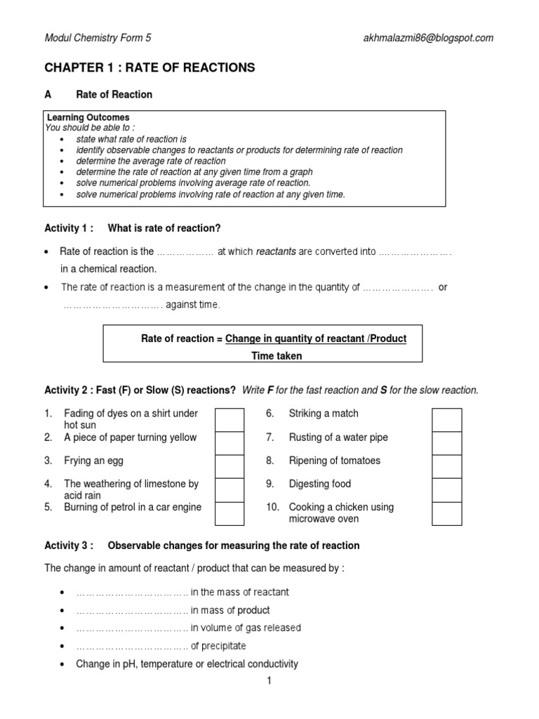 Form 5 Chemistry Chapter 1: Rate of Reactions | PDF | Redox | Fat