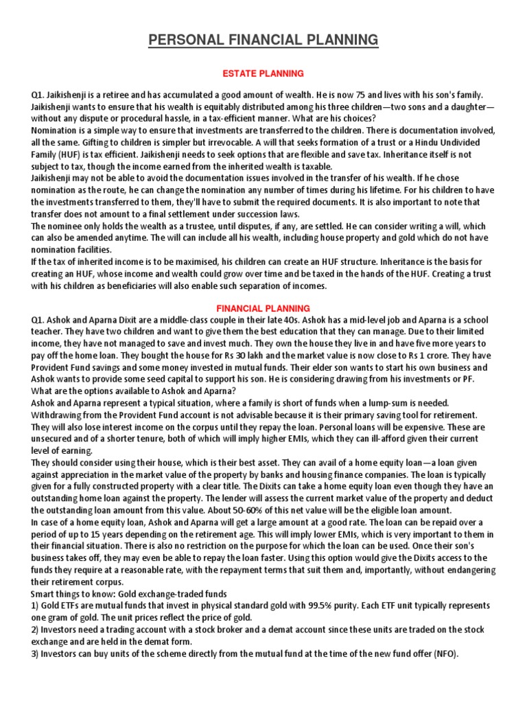 Personal Financial Planning-case Studies | Exchange Traded Fund | Loans ...