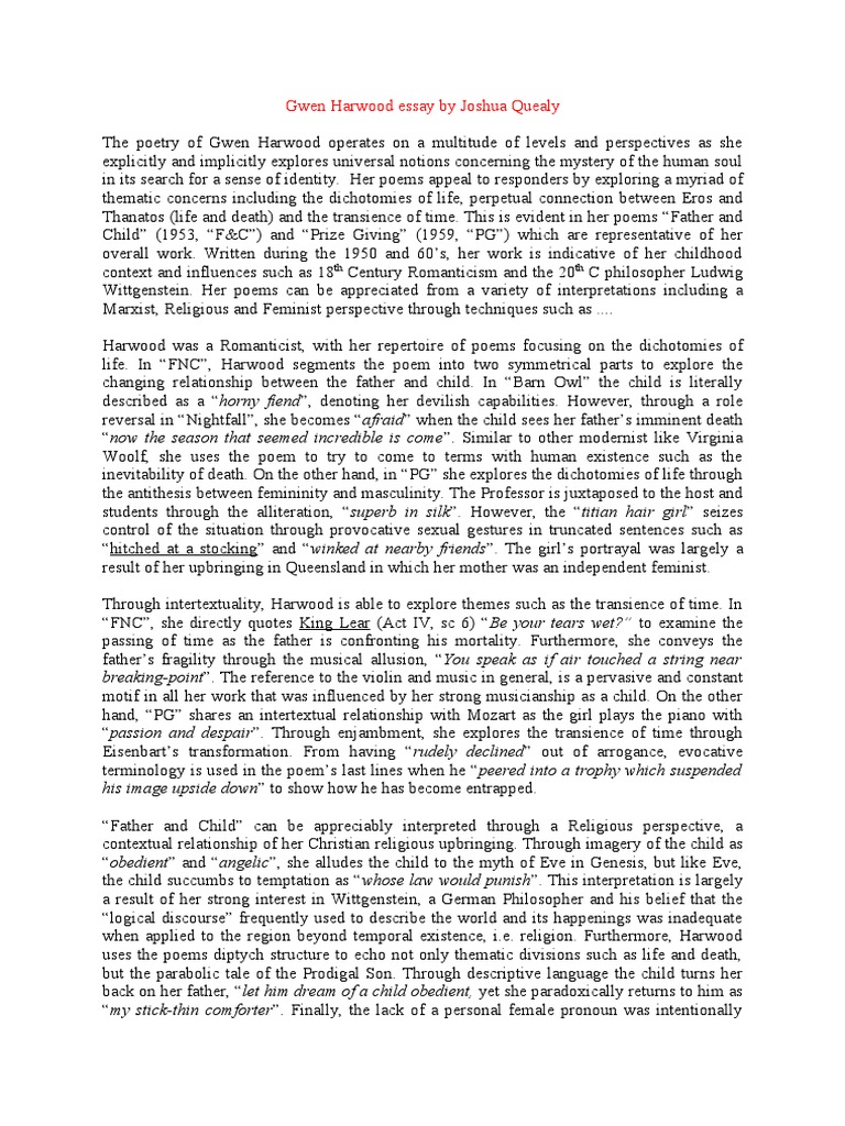 Essay - Gwen Harwood | PDF | Feminism | Gender Studies