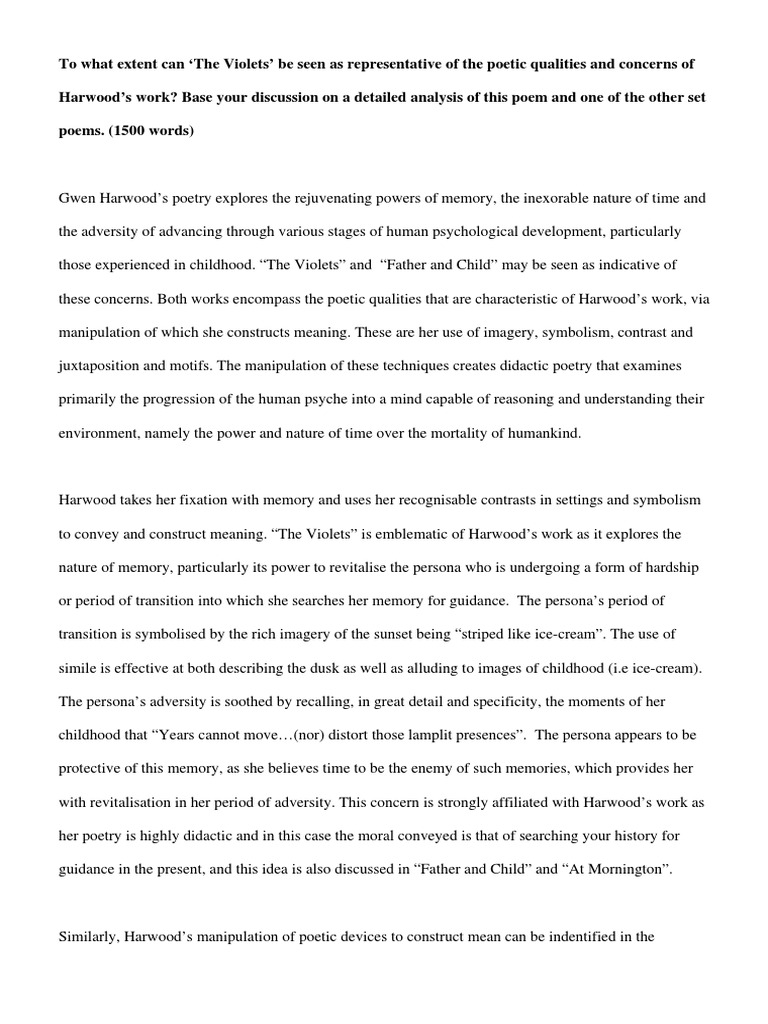 Essay On Gwen Harwood's The Violets & Father and Child. Recieved 20,20 ...