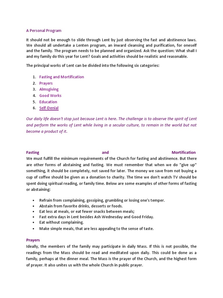 Lenten Personal Program | PDF | Fasting | Lent