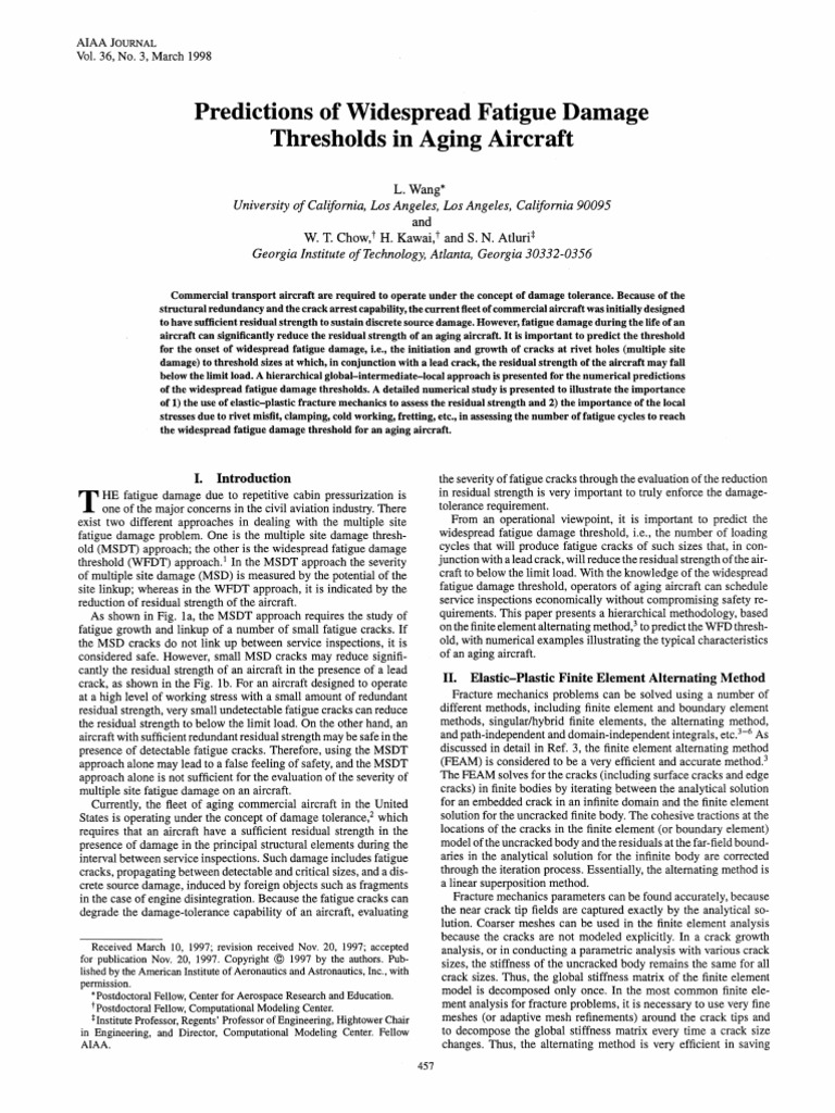 Predictions of Widespread Fatigue Damage Thresholds in Aging Aircraft ...