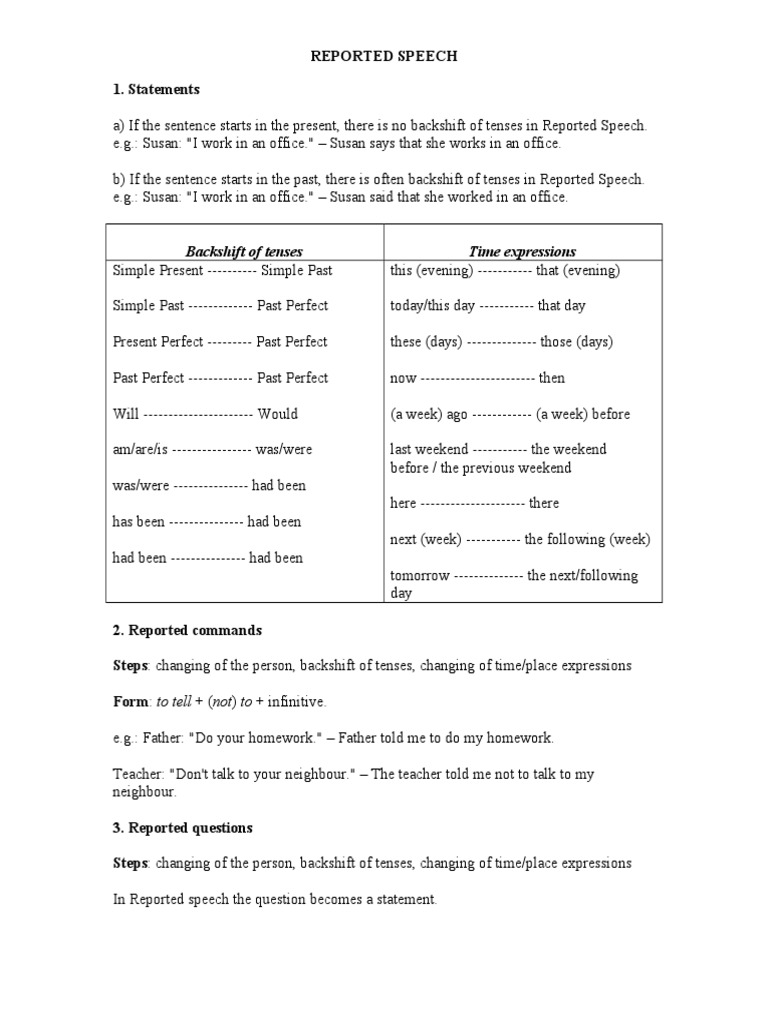 Backshift of Tenses Time Expressions | PDF
