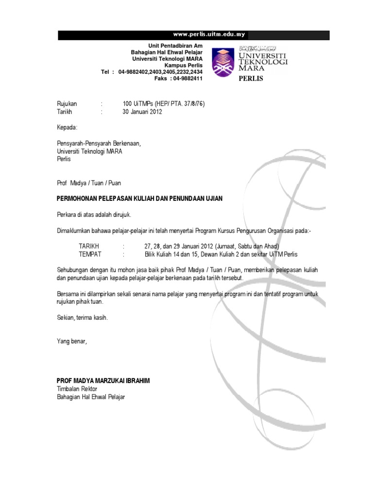 Sample Surat Pengecualian Kuliah | PDF