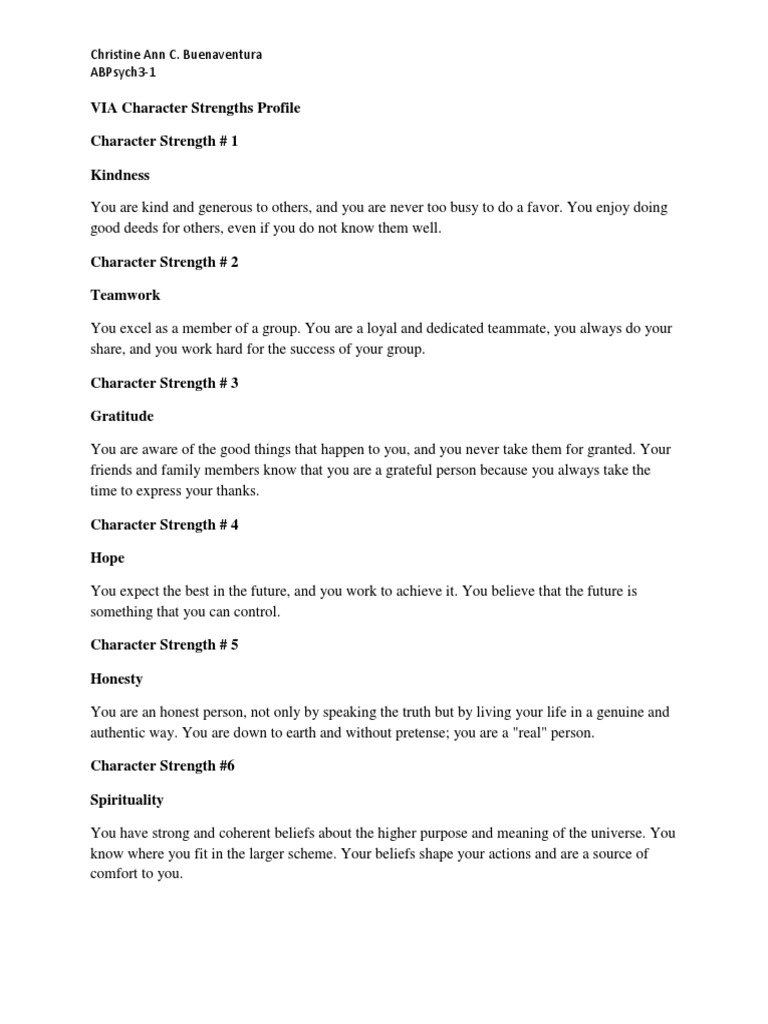 VIA Character Strengths Profile Character Strength # 1 Kindness | PDF ...