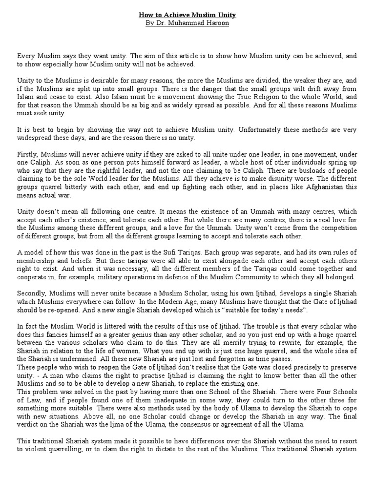 How To Achieve Muslim Unity by DR Muhammad Haroon | PDF | Caliphate ...