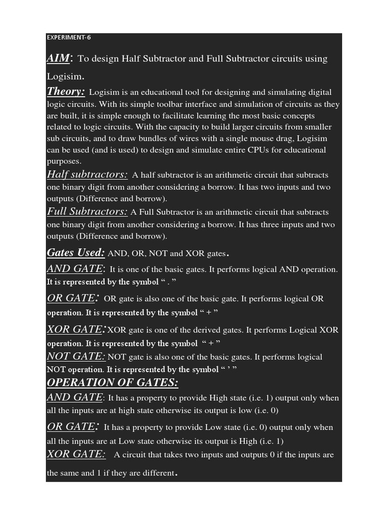 Half Subtractors:: To Design Half Subtractor and Full Subtractor ...