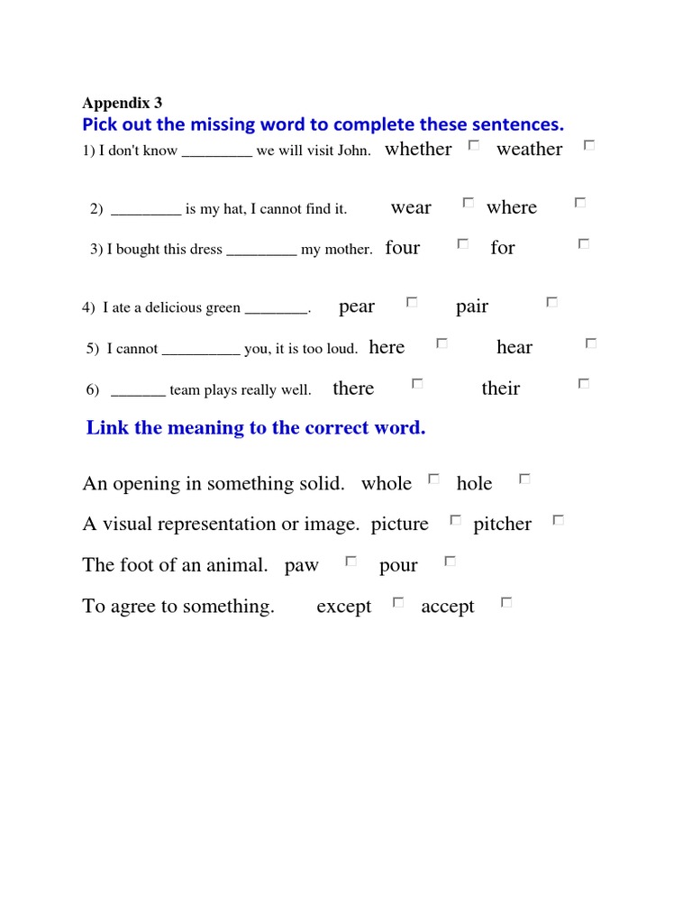 Missing Word Exercises and Word Search | PDF