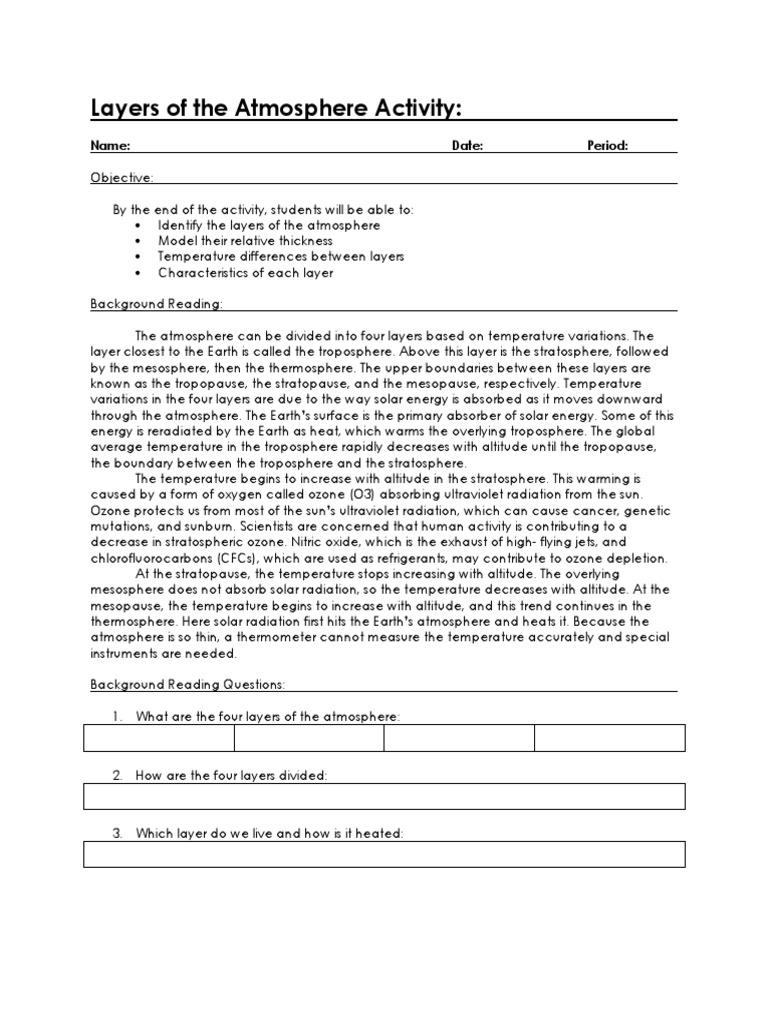 Layers Of The Atmosphere Activity