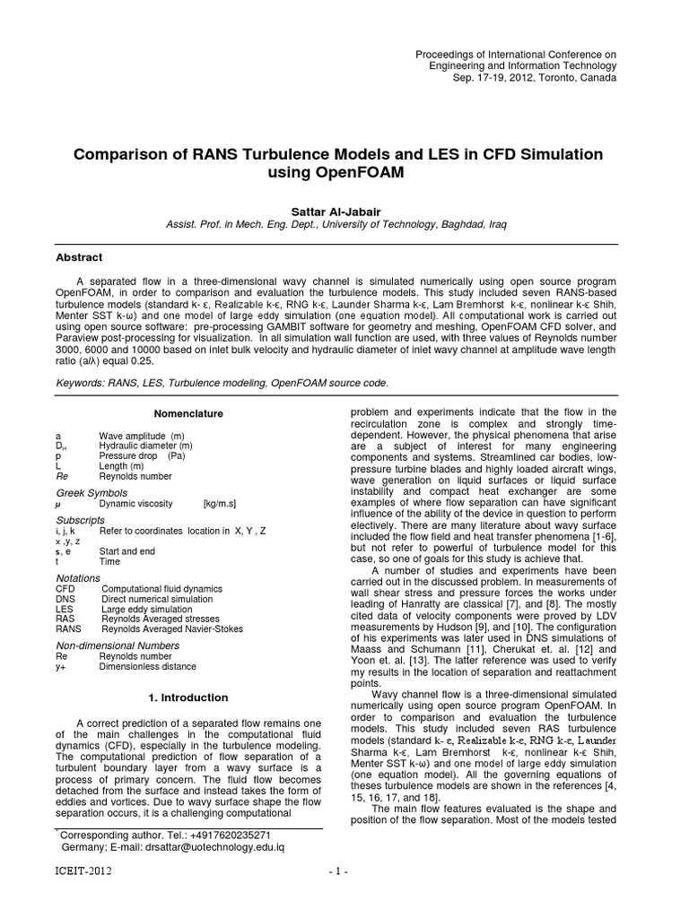 Comparison of Rans Turbulence Models and Les in CFD Simulation Using Openfoam | PDF ...