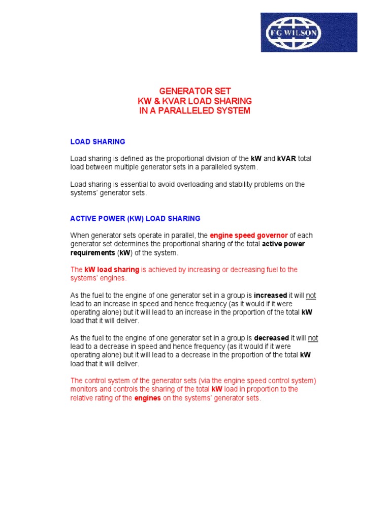 Generator Set Load Sharing of Paralleled Generators | PDF ...