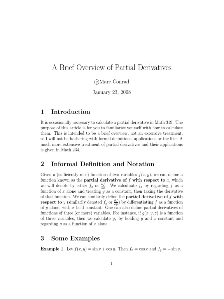 A Brief Overview of Partial Derivatives: C Marc Conrad January 23, 2008 | PDF | Derivative ...