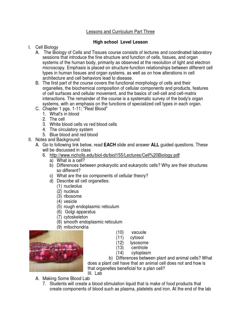 Lesson Plans Highschool Level | PDF | Cytoplasm | Cell (Biology)