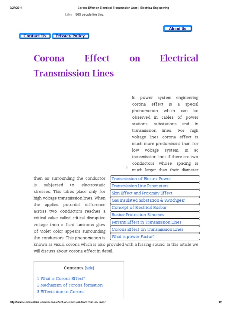 Corona Effect on Transmission Lines Explained | PDF | Electrical ...