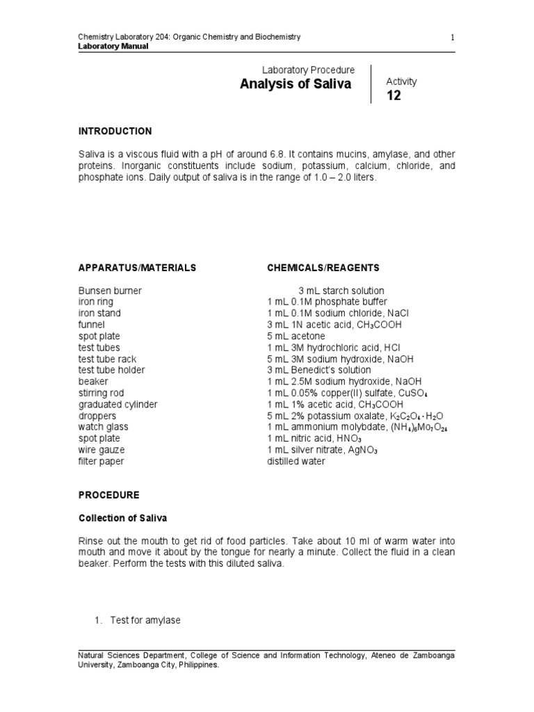 Saliva Analysis and Composition Tests | PDF | Acid | Chloride