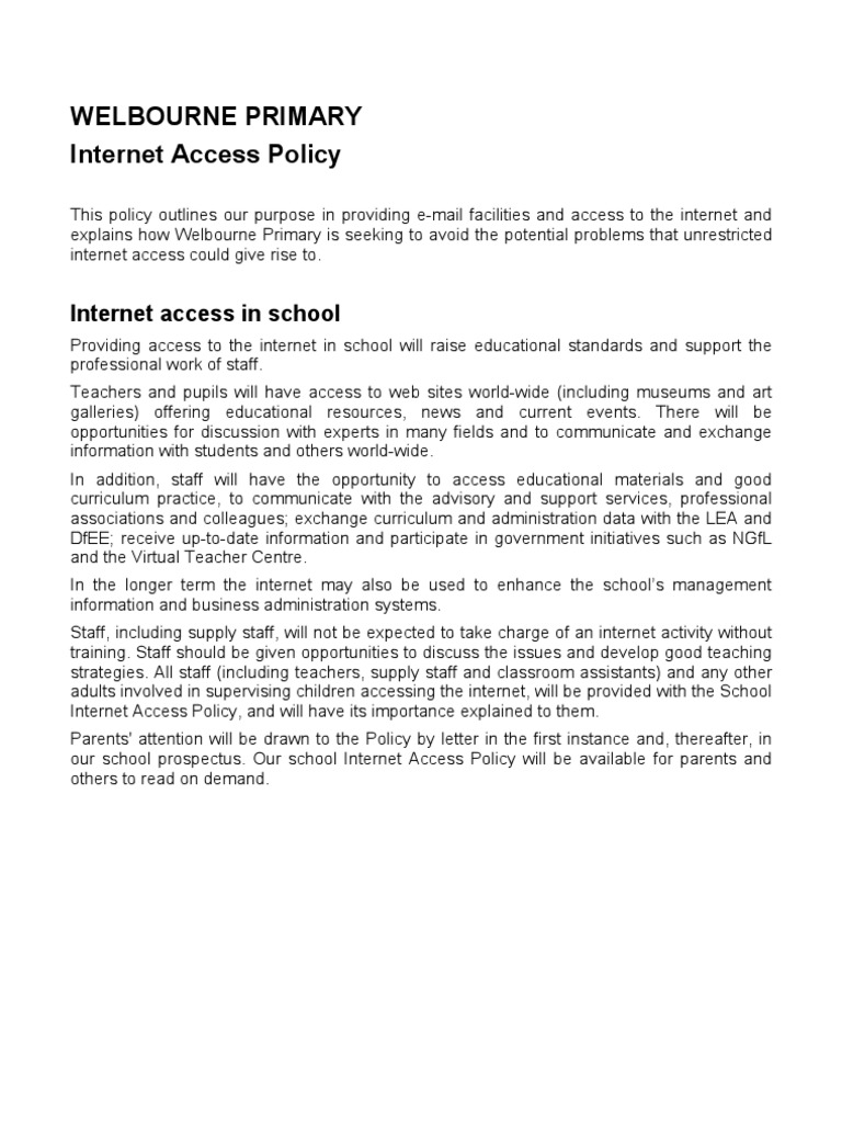 Welbourne Primary Internet Access Policy | PDF | Internet | World Wide Web