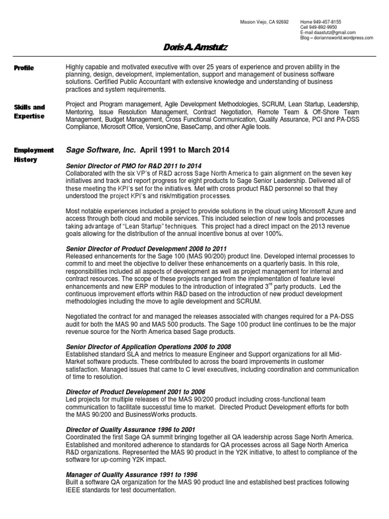 Director Software Development in Orange County CA Resume Doris Amstutz ...