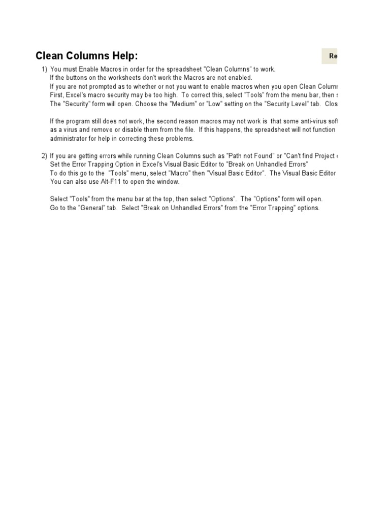 Clean Columns Help Guide | PDF | Beam (Structure) | Microsoft Excel
