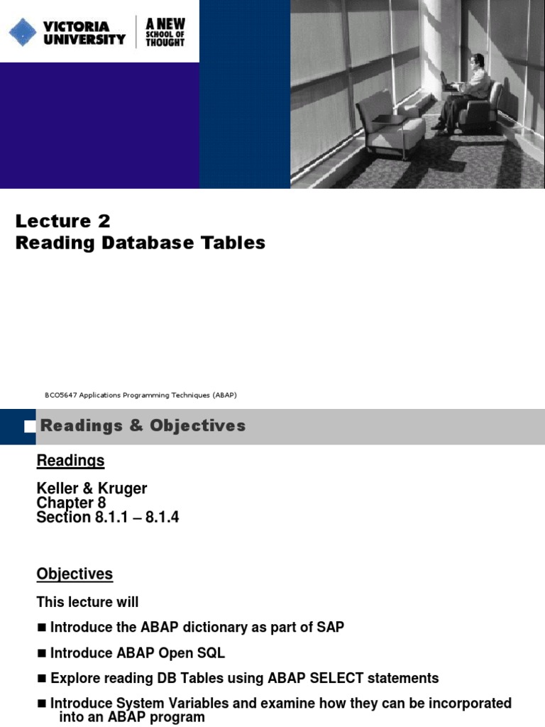 Reading Database Tables: BCO5647 Applications Programming Techniques (ABAP) | PDF | Sql ...