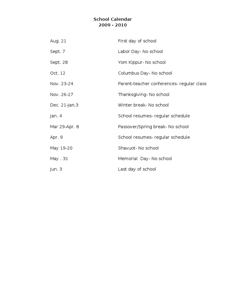 School Calendar 2009-2010 Overview | PDF