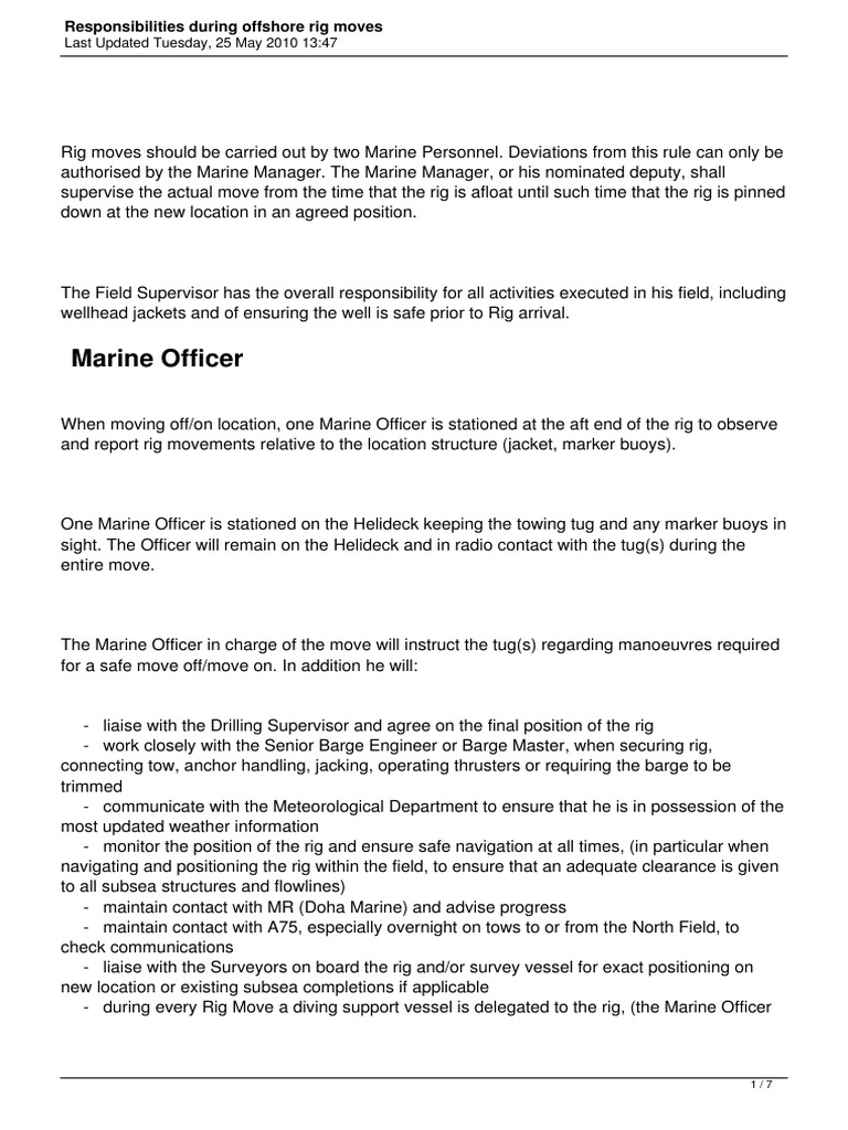 Offshore Rig Move Responsibilities | PDF | Drilling Rig | Oil Well