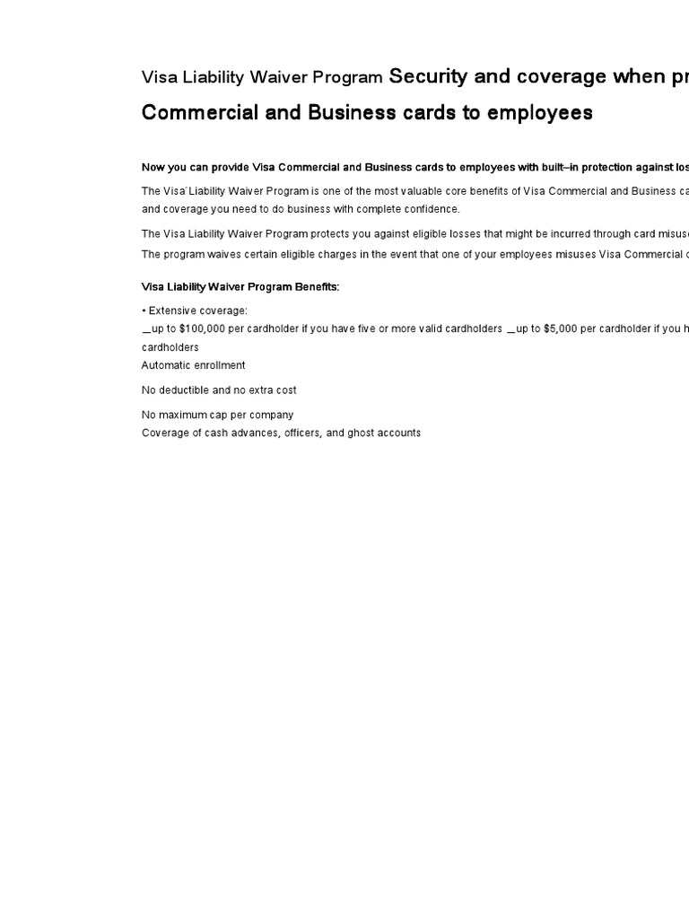 Visa Liability Waiver | Download Free PDF | Visa Inc. | Credit Card