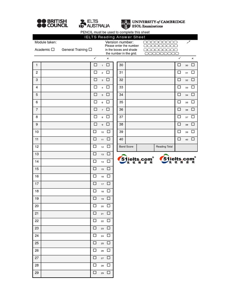 IELTS Reading Answer Sheet: PENCIL Must Be Used To Complete This Sheet ...