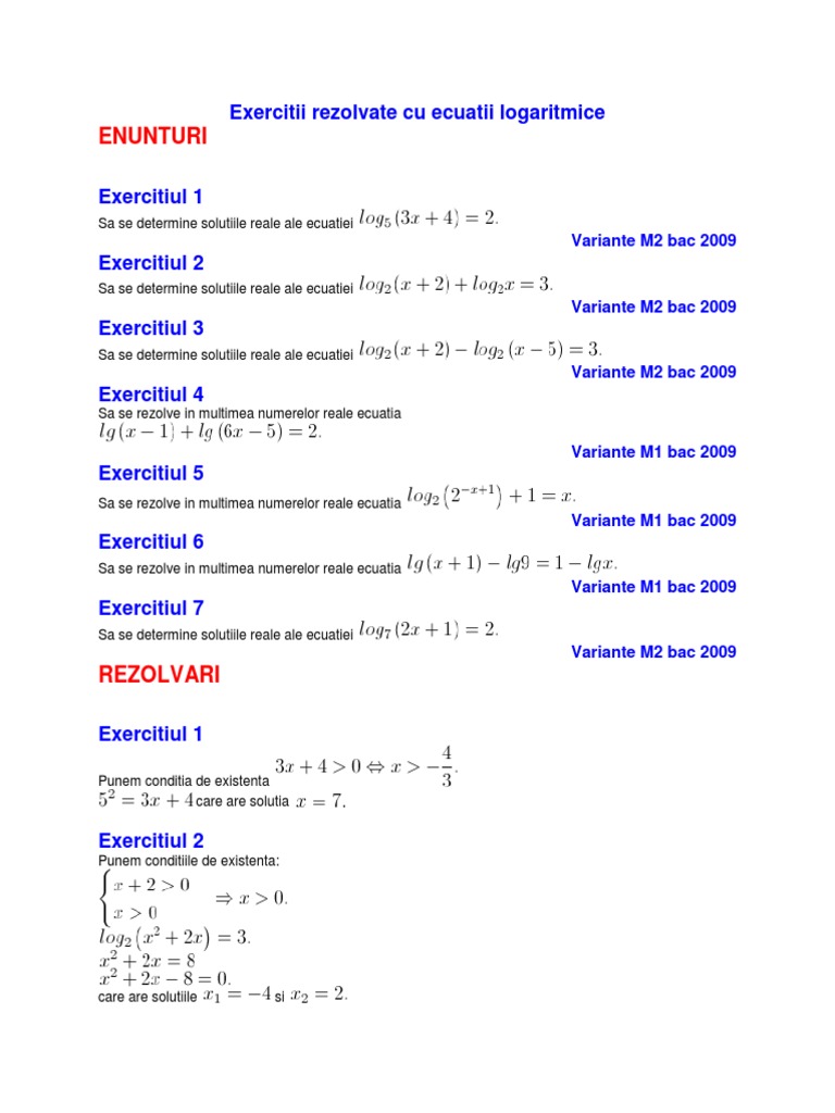 Exercitii Rezolvate Cu Ecuatii Logaritmice | PDF