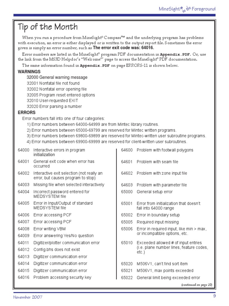 MSPrograms MineSight Error Numbers 200711 | PDF | Portable Document Format | Subroutine
