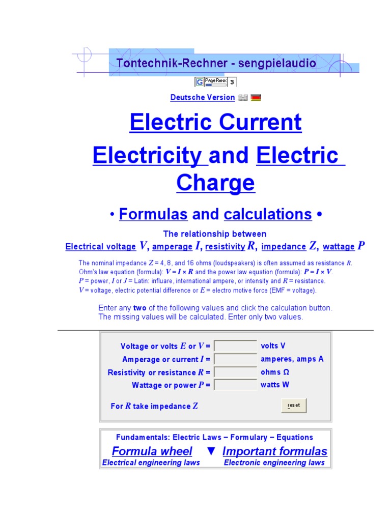 Electric Current Electricity and Electric Charge - Formulas and ...