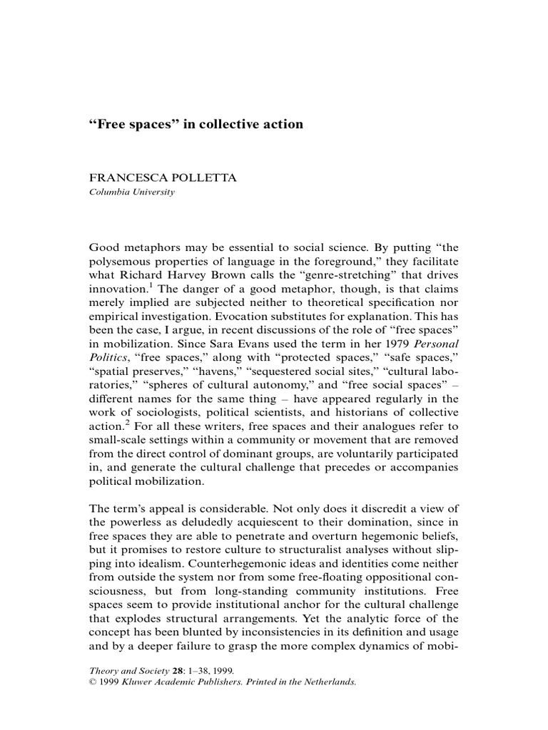''Free Spaces'' in Collective Action FRANCESCA POLLETTA | PDF | Social ...