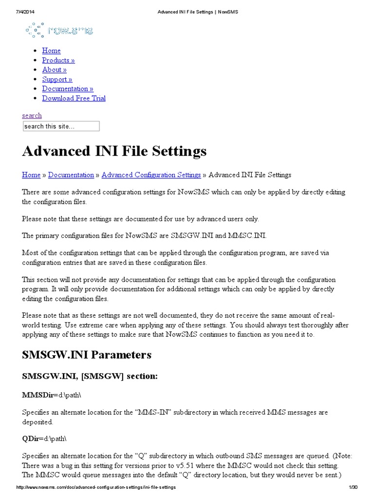 Advanced INI File Settings - NowSMS | PDF | Multimedia Messaging ...