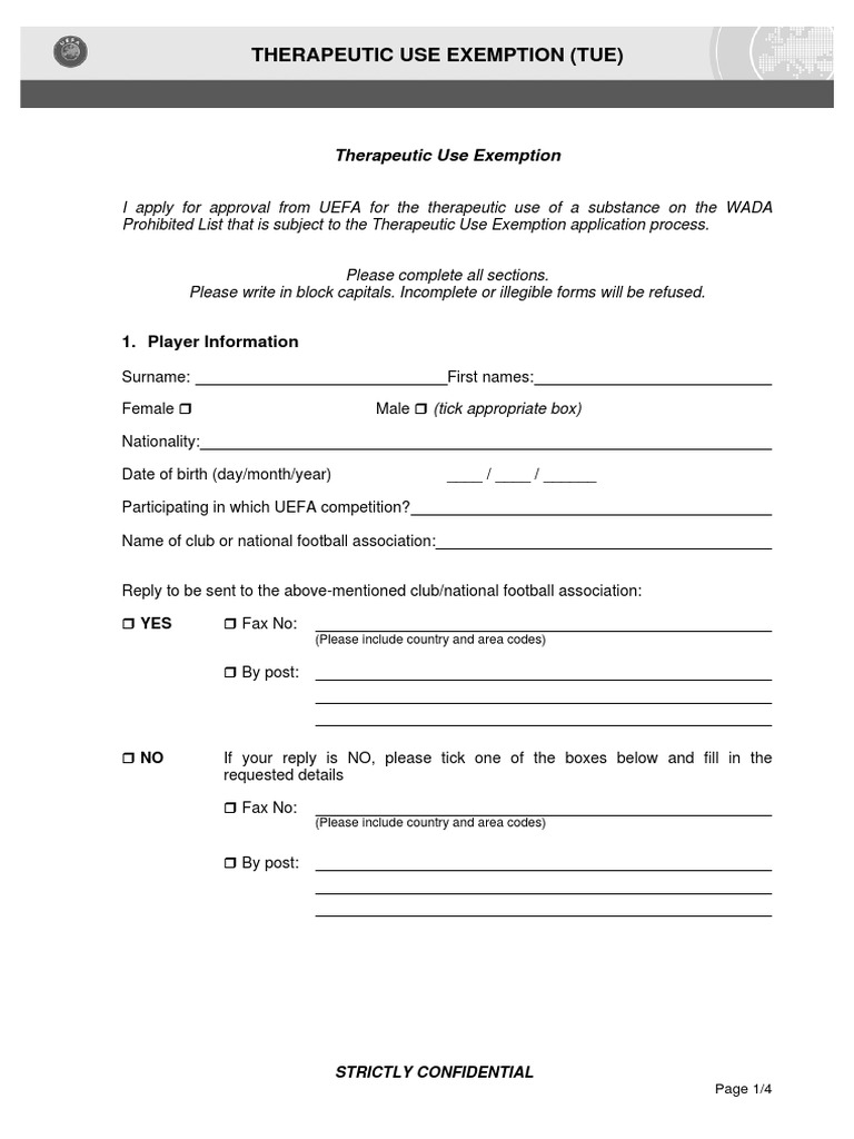 Therapeutic Use Exemption (Tue) : 1. Player Information | PDF ...