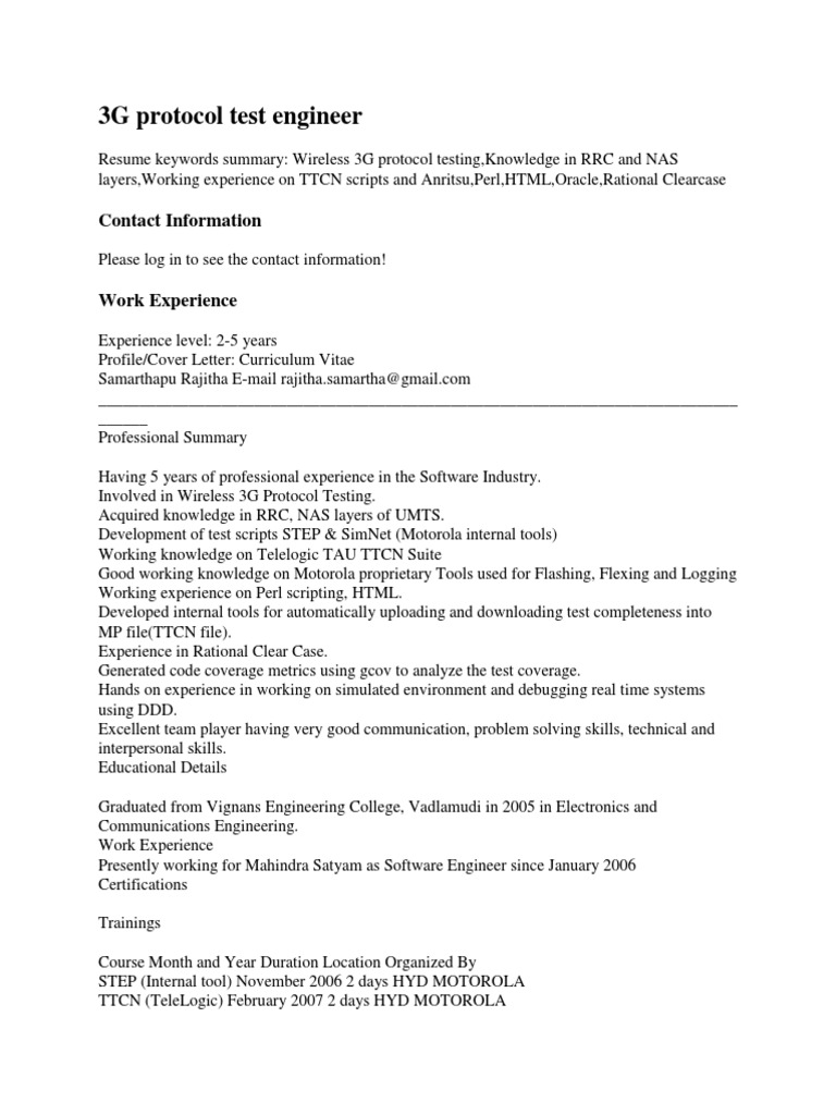 3G Protocol Test Engineer Resume | Scripting Language | Perl