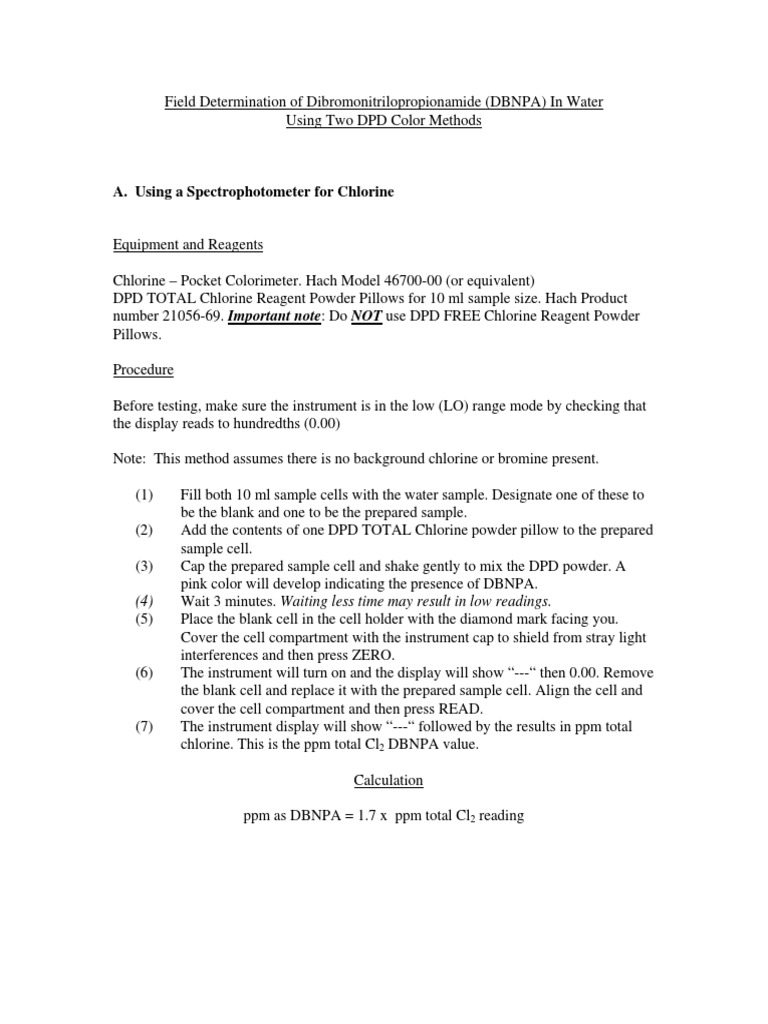 Field Test Methods DBNPA | PDF | Chlorine | Chemistry
