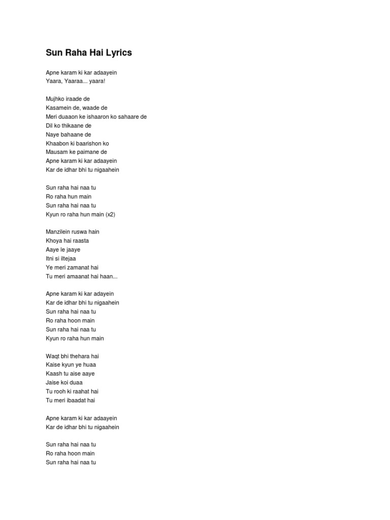 Aashiqui 2 Sun Raha Hai Na Tu Lyrics