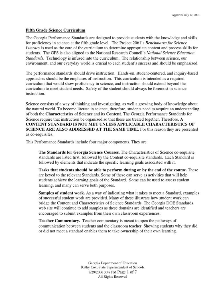 5th Grade Science Standards | PDF | Curriculum | Science