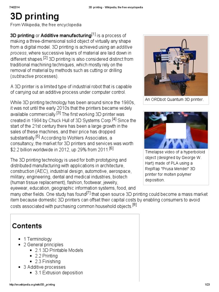 3D Printing - Wikipedia, The Free Encyclopedia | PDF | 3 D Printing ...